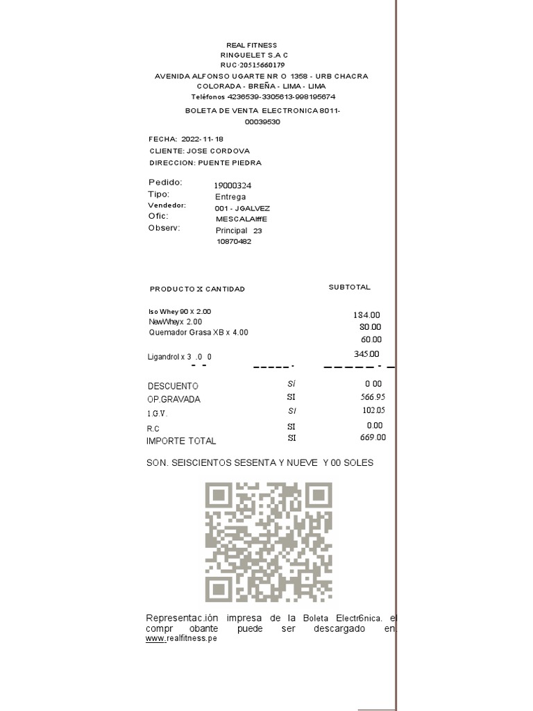 Boleta de Venta Real Fitness Breña | PDF