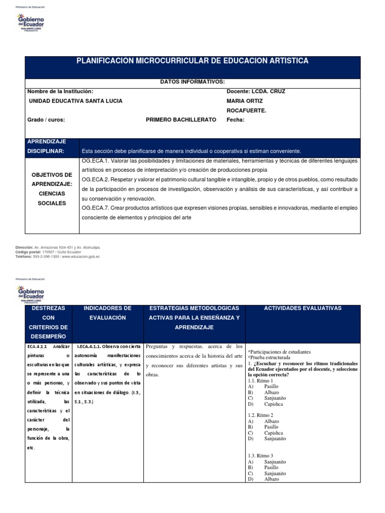 Eca Plan Micro 1ero Bachillerato | PDF | Aprendizaje | Evaluación