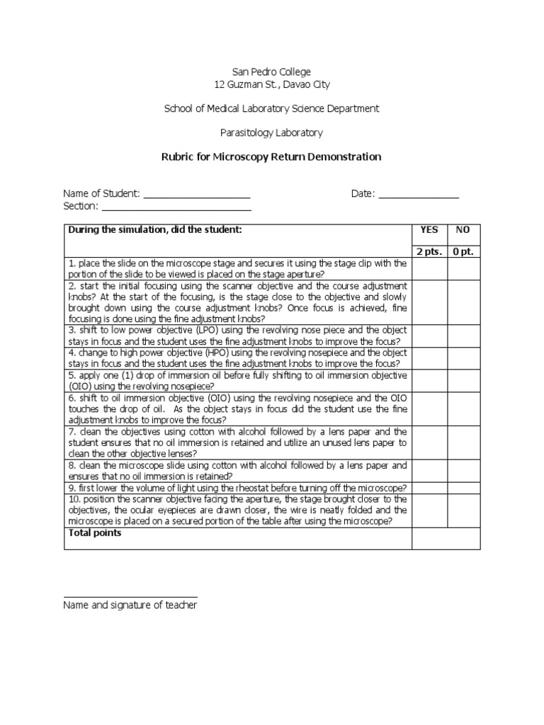Microscopy Return Demonstration Rubric | PDF | Microscope ...
