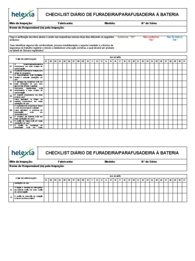 Checklist Diário para Furadeira Bateria | PDF