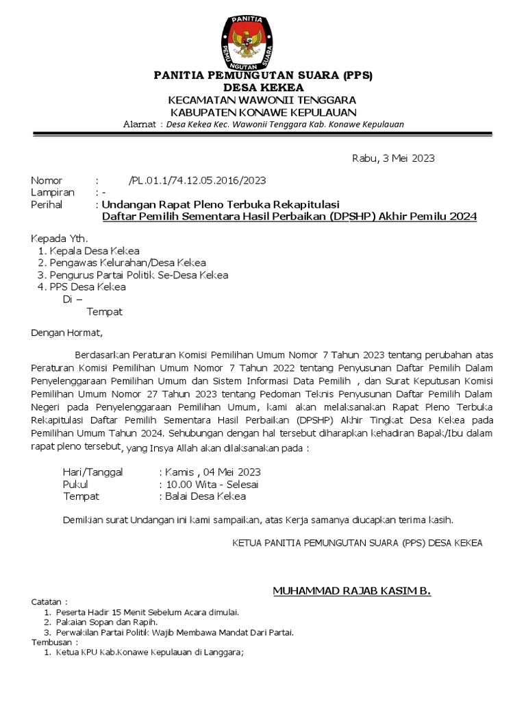 Undangan Rapat Pleno DPS Untuk PPS1 | PDF