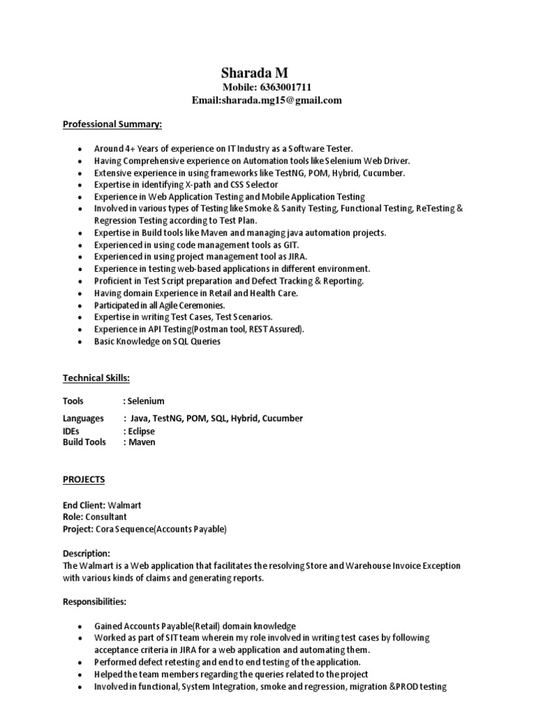 Sharada's Resume | PDF | Software Testing | Selenium (Software)