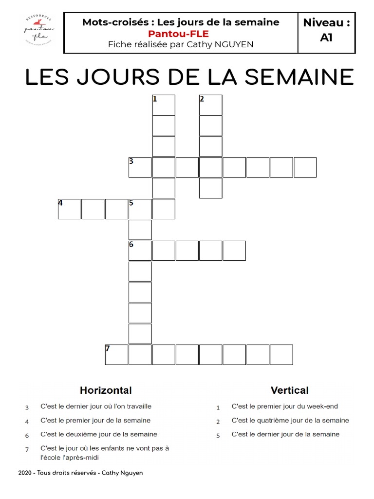 Mots-croisés : Jours de la semaine A1 | PDF