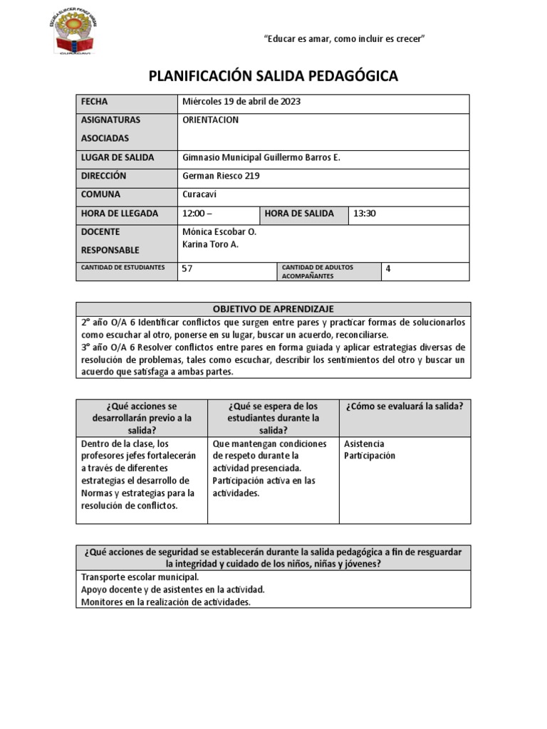 Salida Pedagógica Resolución de Conflictos | PDF