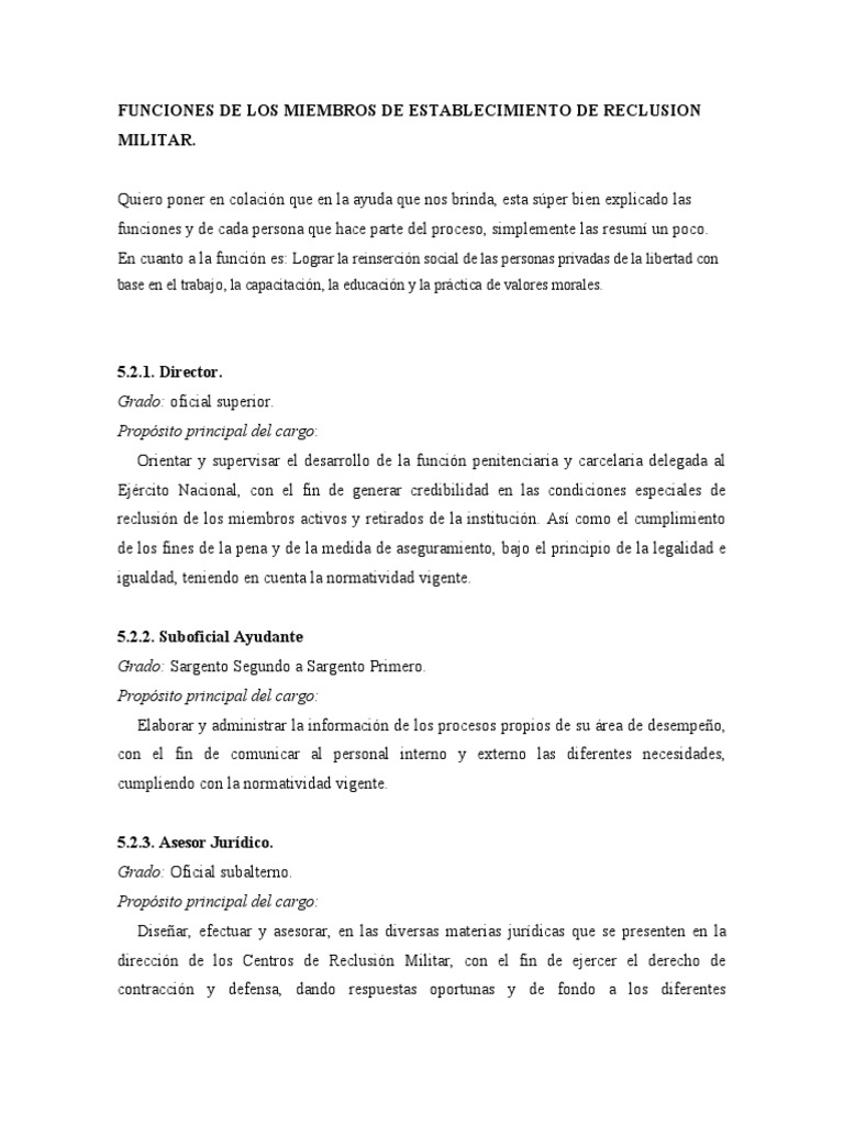 FUNCIONES DE LOS MIEMBROS DE ESTABLECIMIENTO DE RECLUSION MILITAR Cemil ...