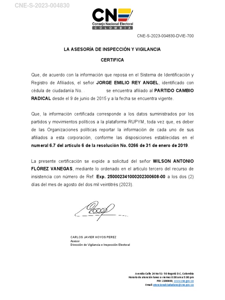 Certificación Expedida Por El Consejo Nacional Electoral | PDF