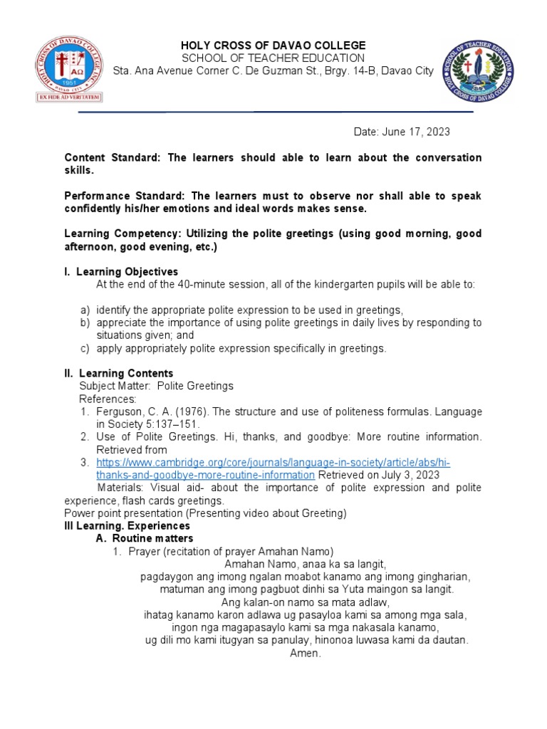 Greetings Lessonplan | PDF | Learning | Cognitive Science