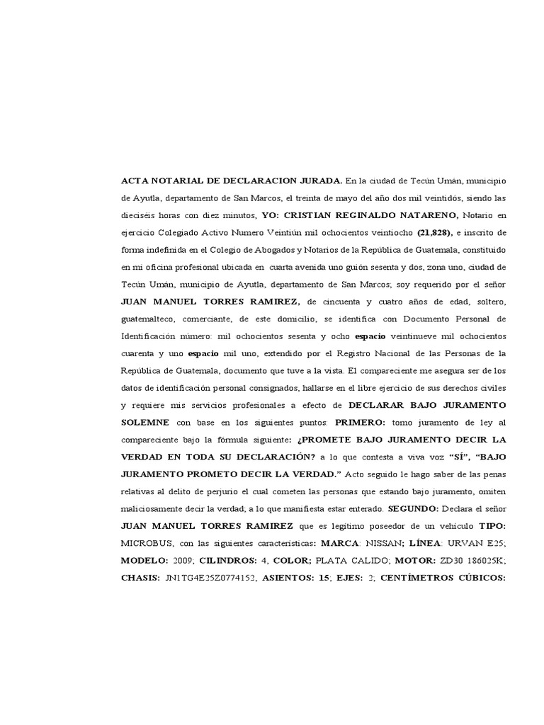 Acta Notarial de Declaracion Jurada de Posesion de Vehiculo Juan Manuel Torres | PDF | Derecho