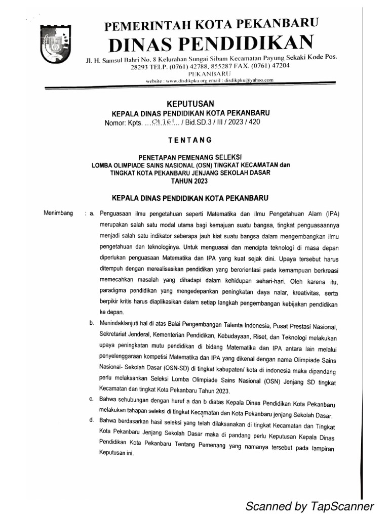 SK Penetapan Pemenang Seleksi Lomba Sains Nasional (Osn) Tingkat Kecamatan Dan Tingkat Kota ...