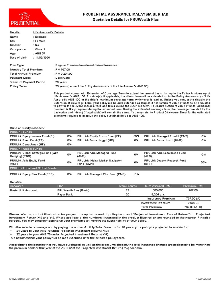 Prudential Assurance Malaysia Berhad Quotation Details For Pruwealth ...