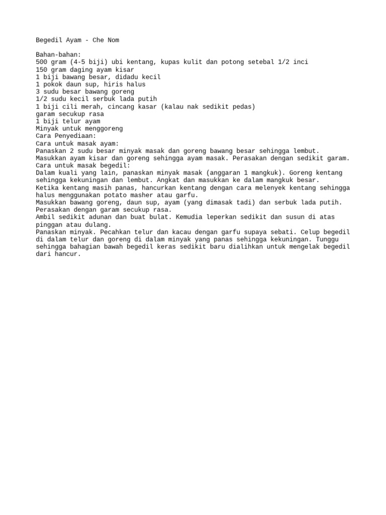Begedil Ayam Che Nom | PDF | Memasak, Makanan, & Anggur
