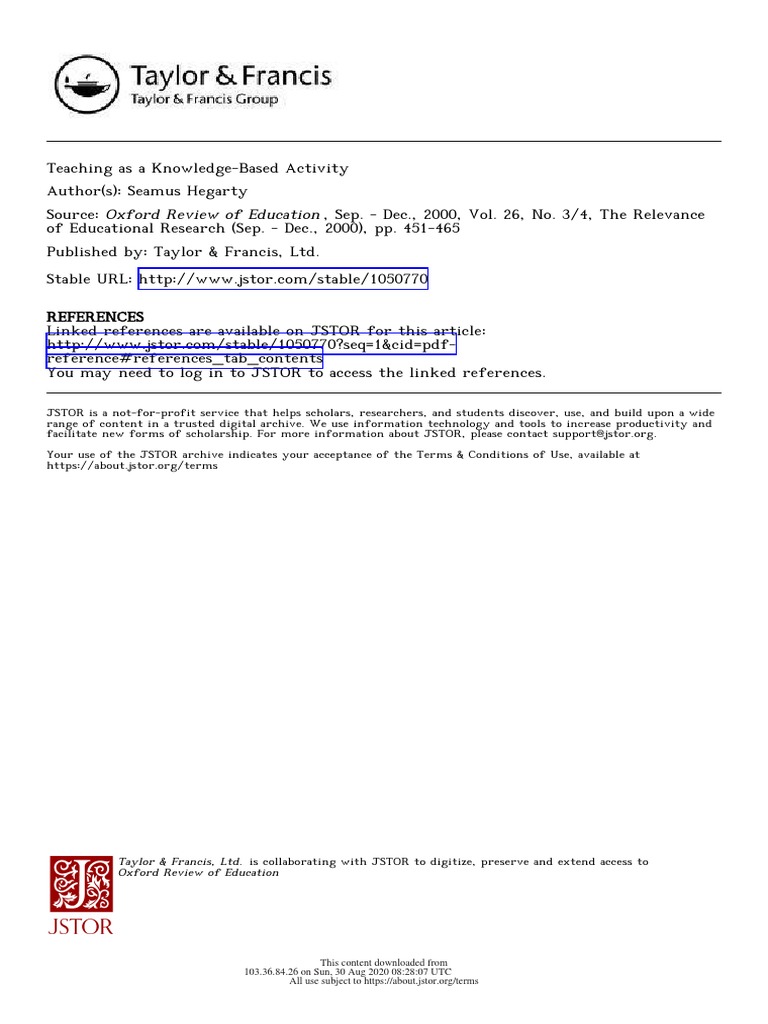 2000 Hegarty Teaching As A Knowledge-Based Activity | PDF | Career & Growth