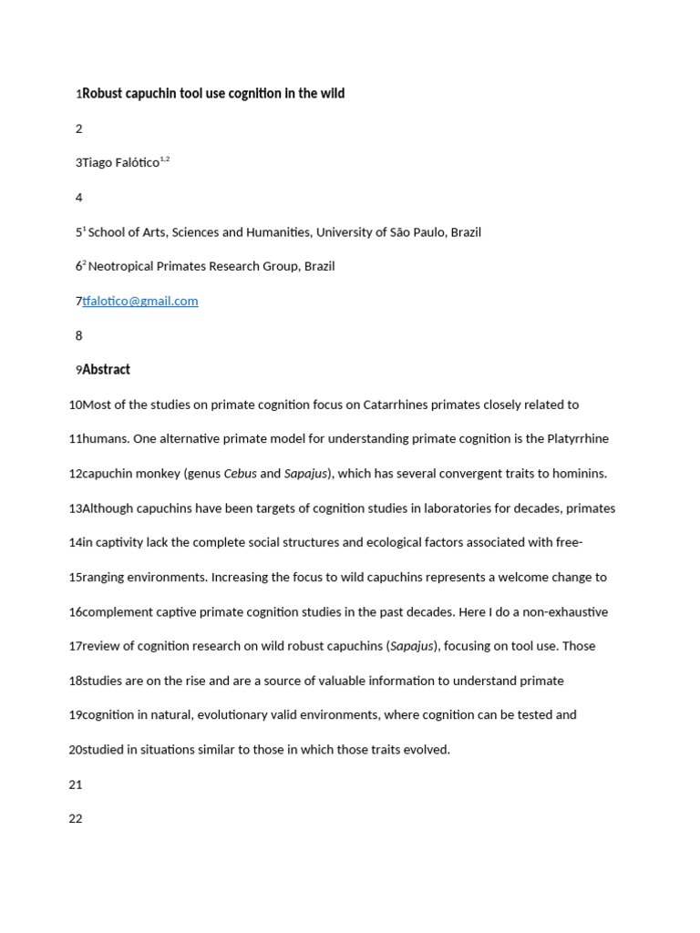 Capuchin Cognition in The Wild - V3 - Preprint | PDF | Ape