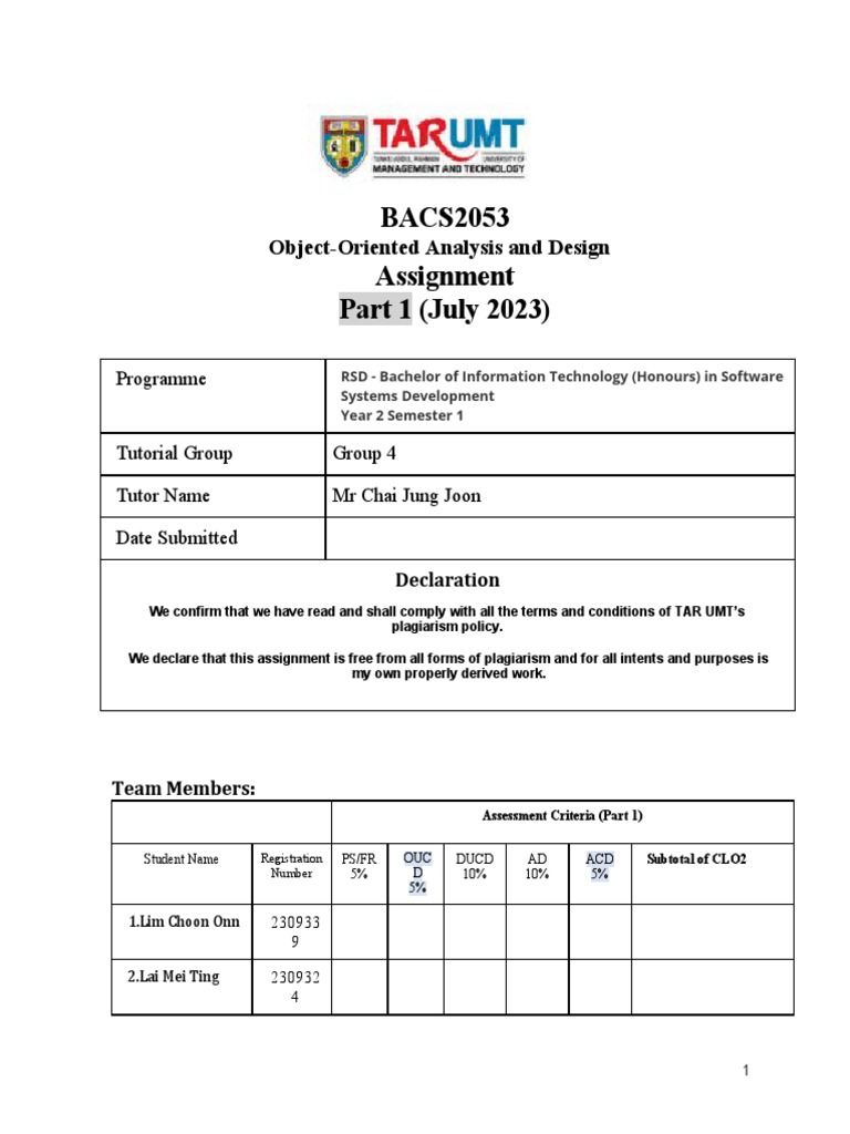 Bacs2053 Object Oriented Analysis And Design Assignment Pdf