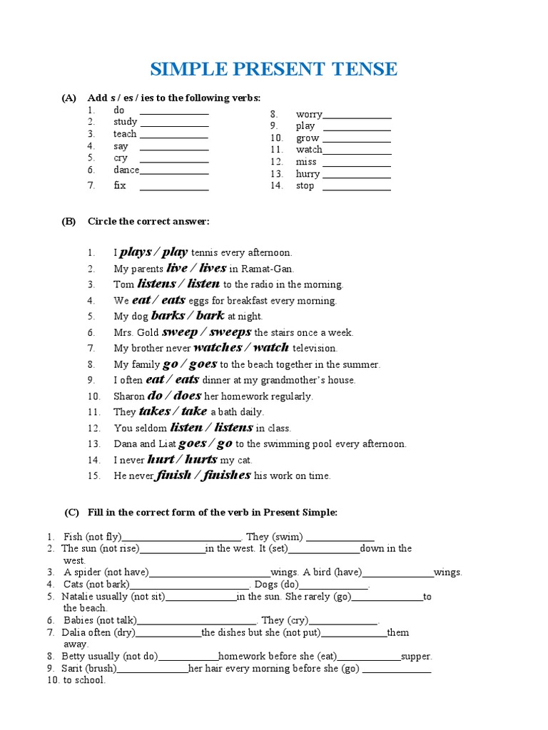 Present Tense Add S Es Ies To The Following Verbs | PDF