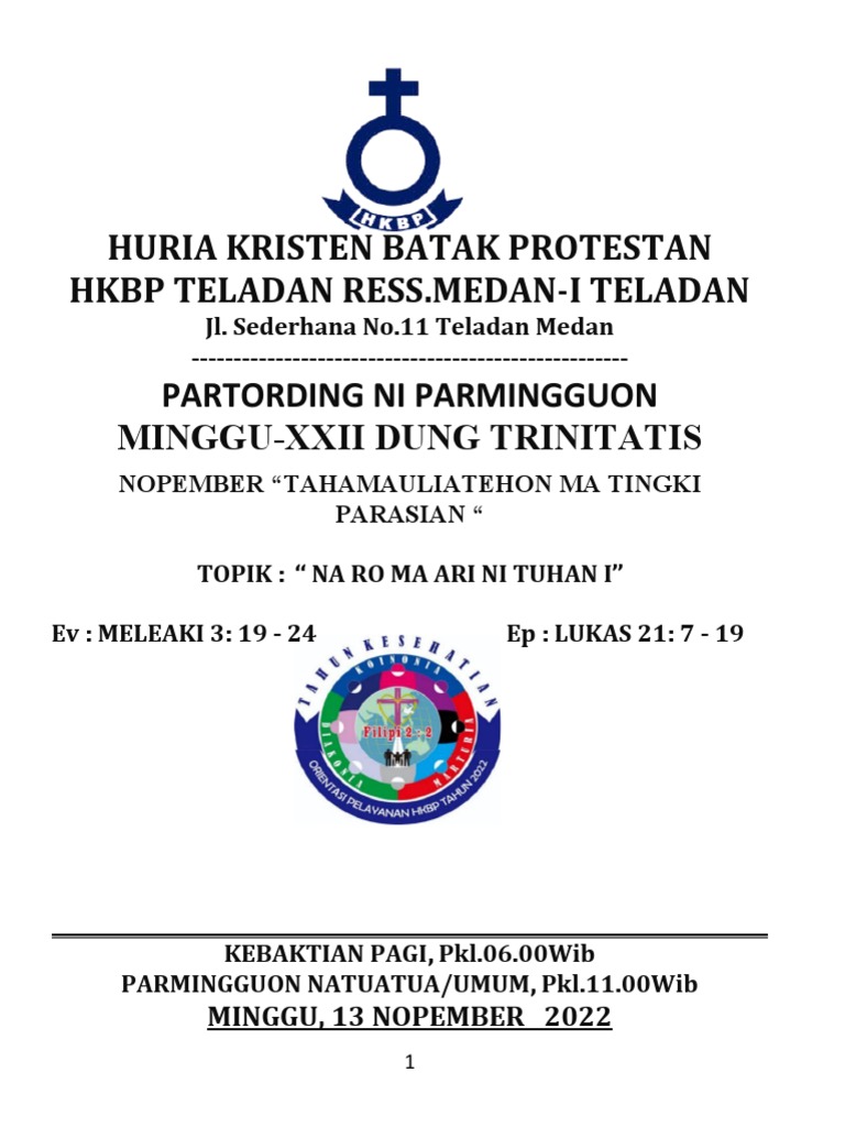 Acara Parmingguon Minggu - Xxii Dung Trinitatis, 13 Nopember 2022 - Ruas | PDF