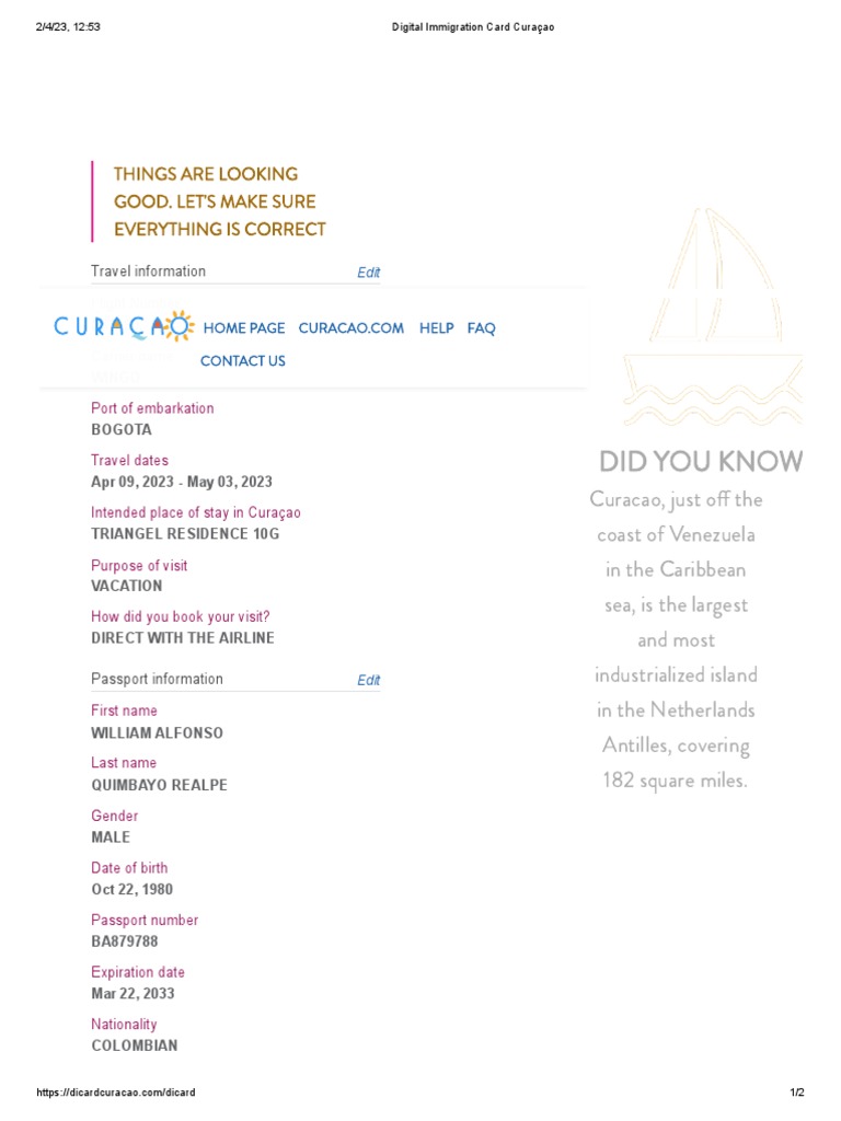 Digital Immigration Card Curaçao | PDF