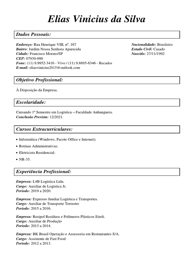 Curriculum - Elias Vinicius Da Silva | PDF