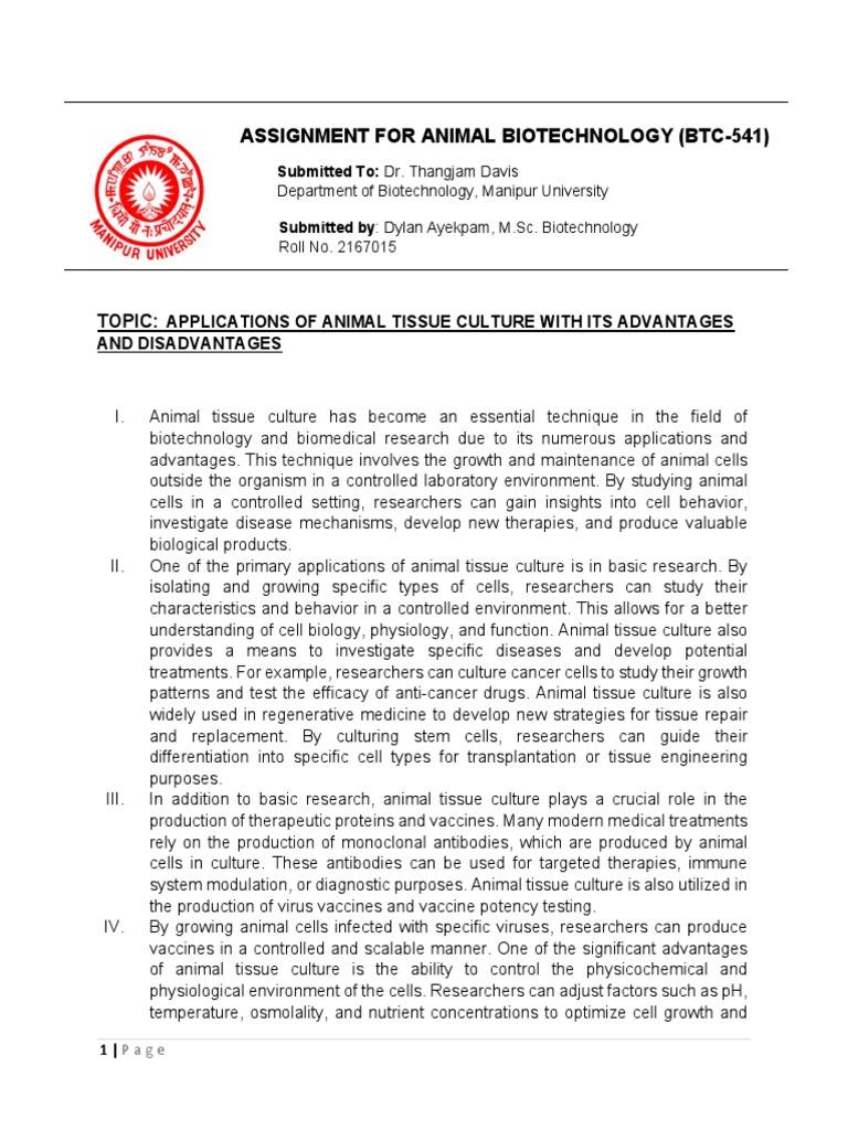 Animal Biotechnology Dylan Ayekpam 2167015 | PDF | Cell Culture ...