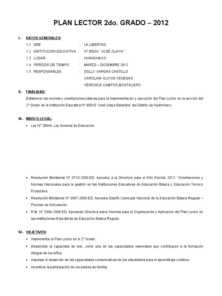 PLAN LECTOR 2do GRADO 2012 Krto | PDF