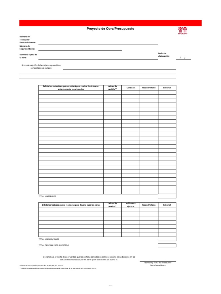 Formato De Presupuesto Mejoravit 2025 Pdf
