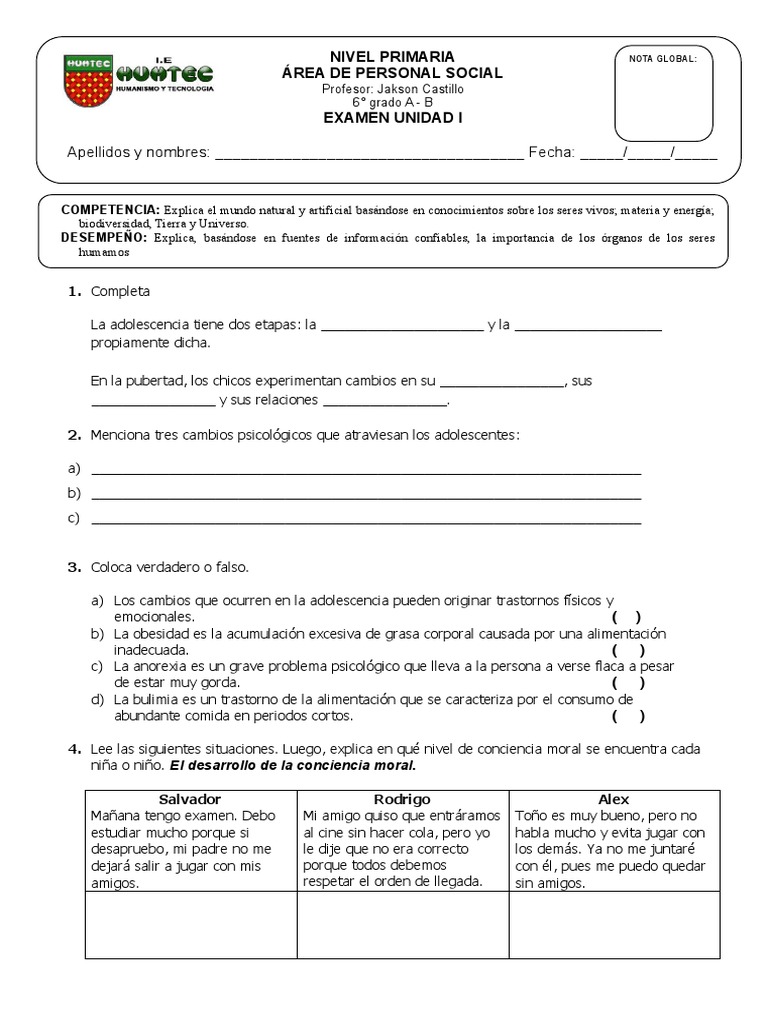 Ex U1 PS6P 2023 | PDF | Desorden alimenticio | Adolescencia