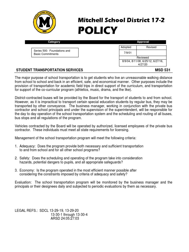 Mitchell School District Bus Policies | PDF