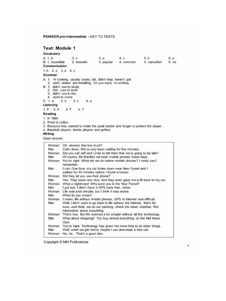 Pioneer Pre-Intermediate Key To Tests | PDF