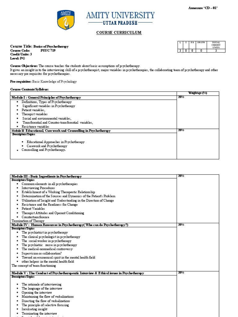 Basics of Psychotherapy Curriculum | PDF | Psychotherapy | Psychology