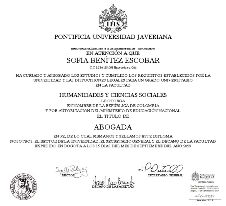Diploma de Abogada - Javeriana 2023 | PDF