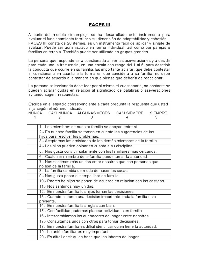 FACES III: Evaluación Familiar y Cohesión | PDF | Cuestionario