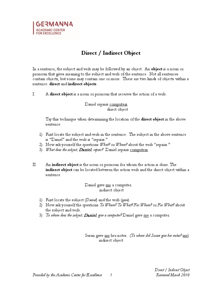 Direct and Indirect Objects | PDF | Verb | Subject (Grammar)
