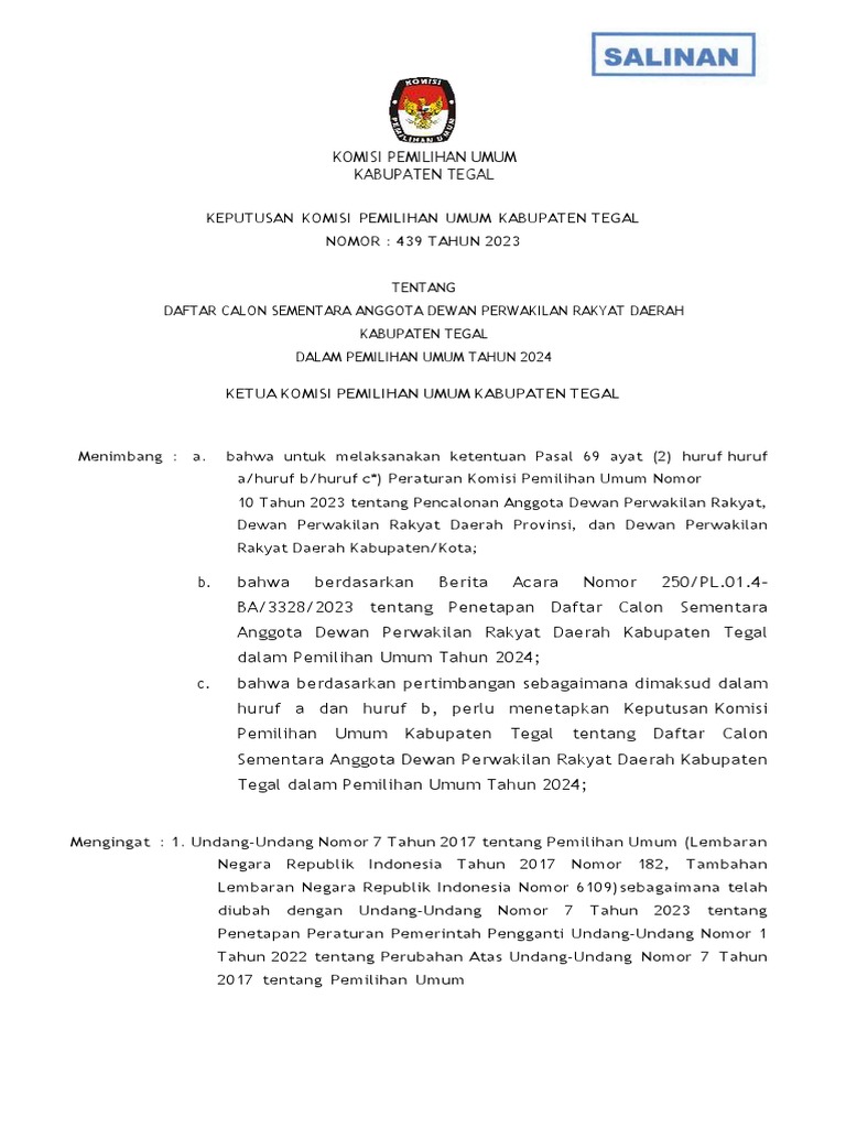 Salinan SK Penetapan Dcs DPRD Kab. Tegal 2024 | PDF