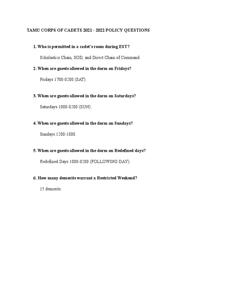 Corps of Cadets Policy Questions | PDF