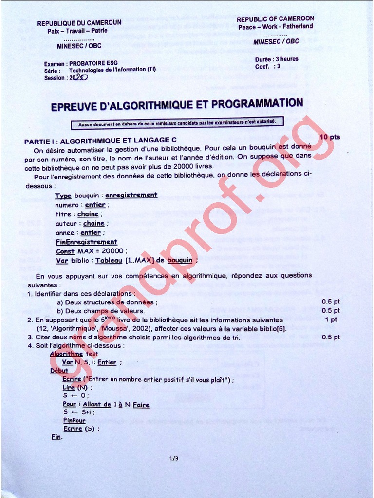 Algorithmique Probatoire TI 2020 | PDF