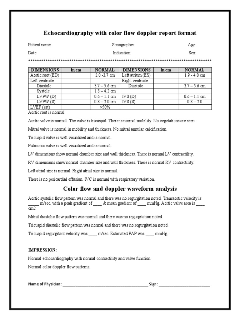 Echocardiography With Color Flow Doppler Report Format | PDF | Art | Wellness