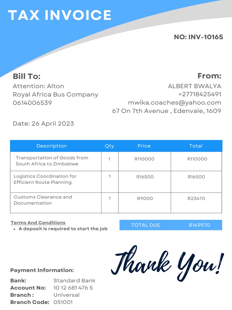 Invoice for Goods Transport to Zimbabwe | PDF | Business