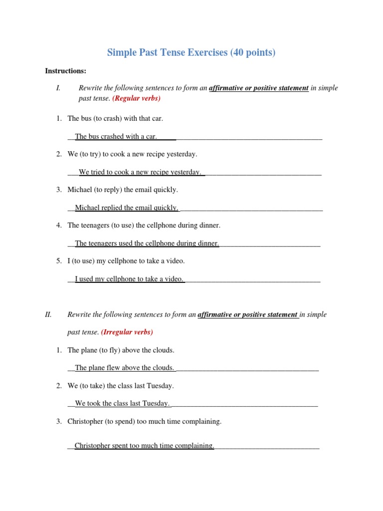 ENGL 1010 M4 Simple Past Tense Exercises | PDF | Linguistic Typology ...