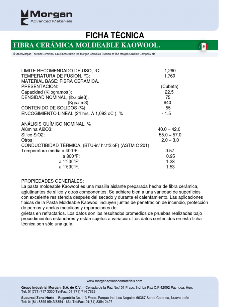 Ficha Tecnica Fibra Cerámica Moldeable Kaowool. 1260°c | PDF