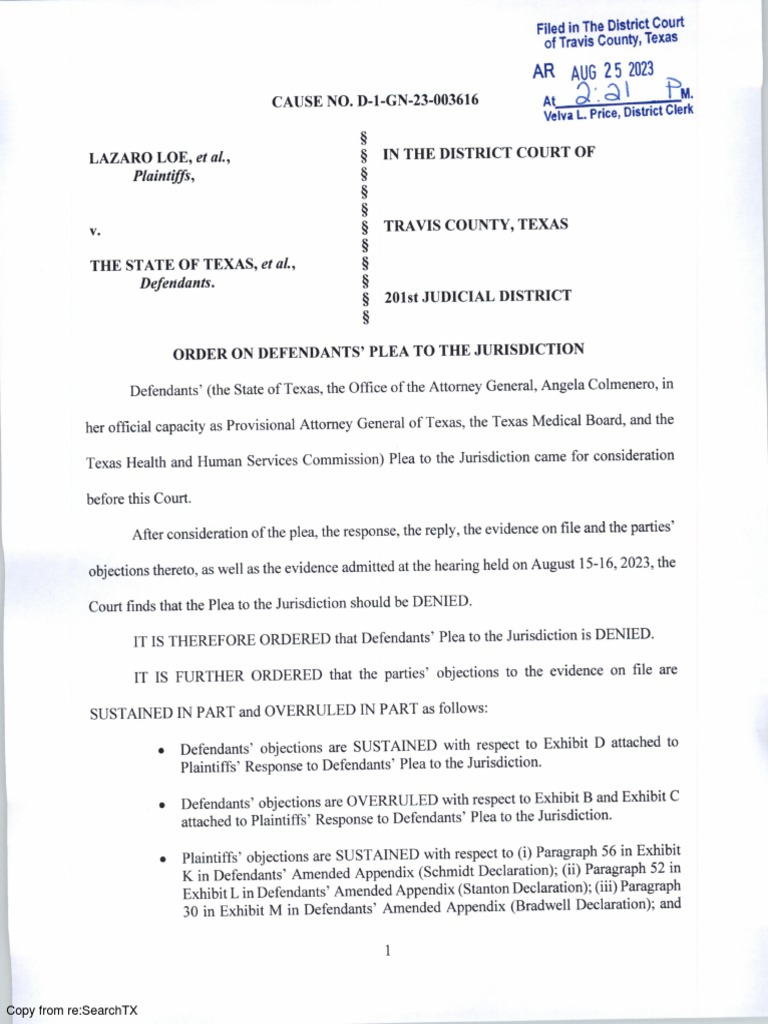 Order On Defendants Plea To The Jurisdiction | PDF