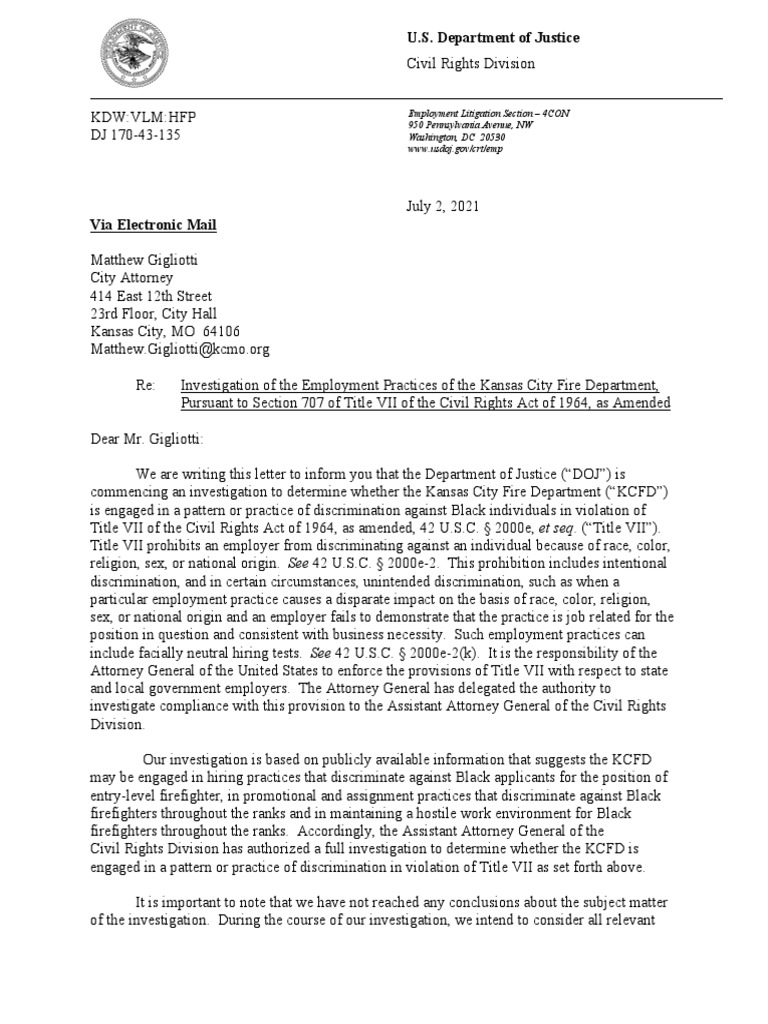 KCFD Letter of Investigation | PDF | Civil Rights Act Of 1964 ...