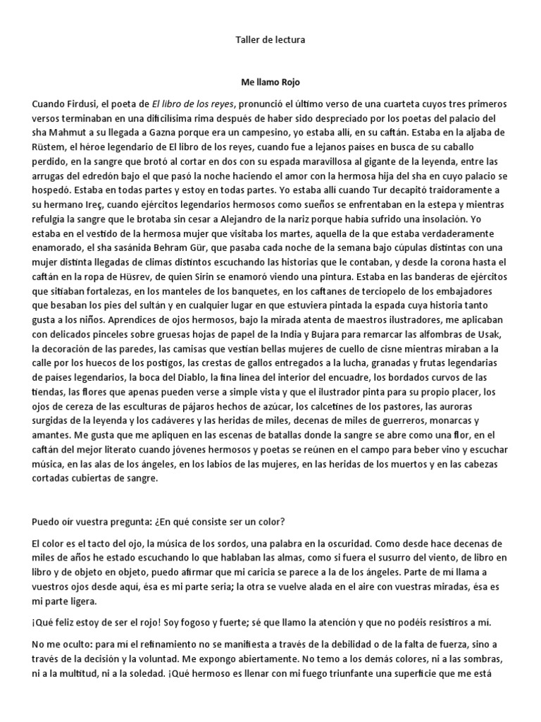 Taller de Lectura Me Llamo Rojo 2 | PDF