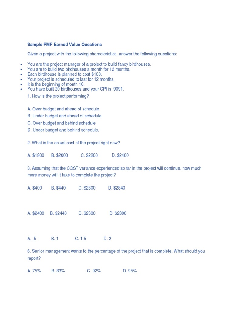Sample PMP Earned Value Questions | PDF | Statistics | Analysis