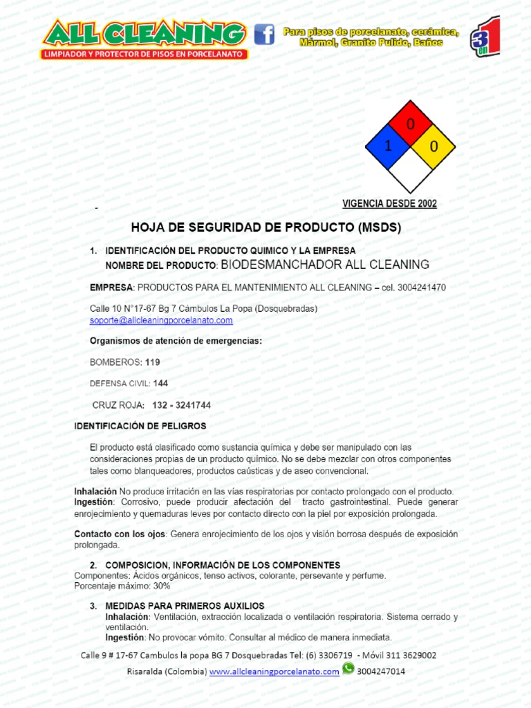 HOJA DE SEGURIDAD ALL CLEANING All | PDF
