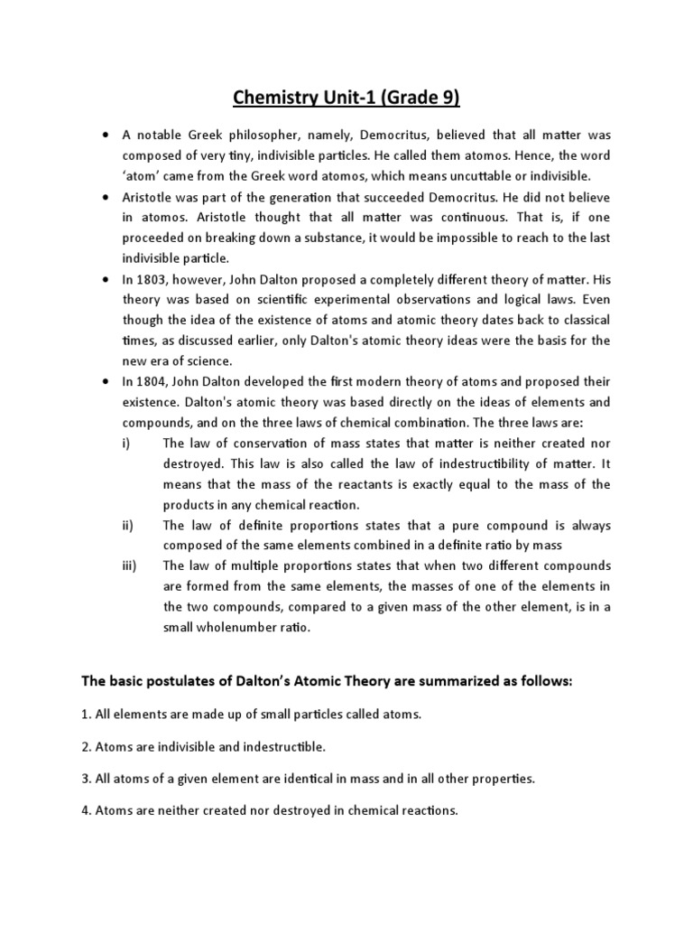 Grade 9 Chemistry: Atomic Theory Basics | PDF