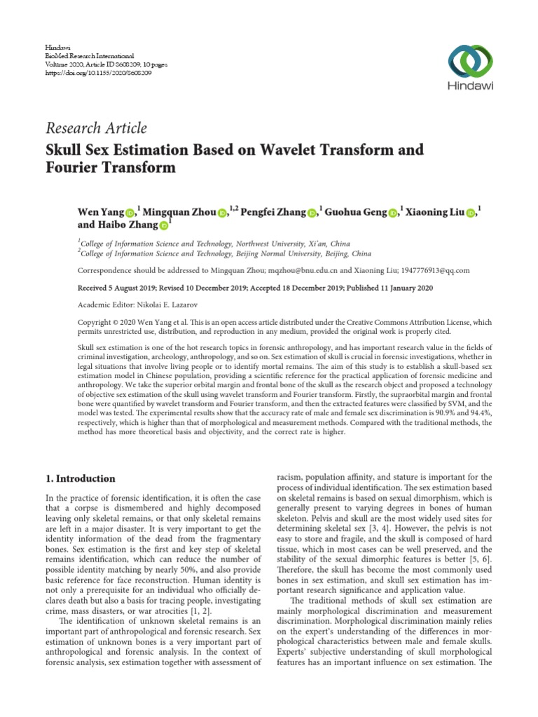 Research Article Skull Sex Estimation Based On Wavelet Transform And Fourier Transform Pdf