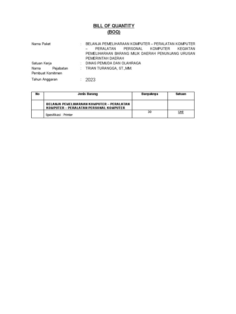 Bill of Quantity Pemel Printer | PDF