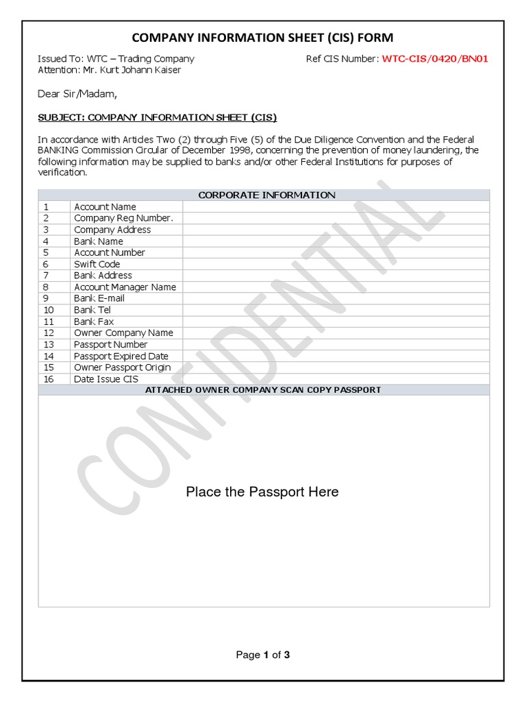 Company Information Sheet (Cis) Form: Dear Sir/Madam | PDF