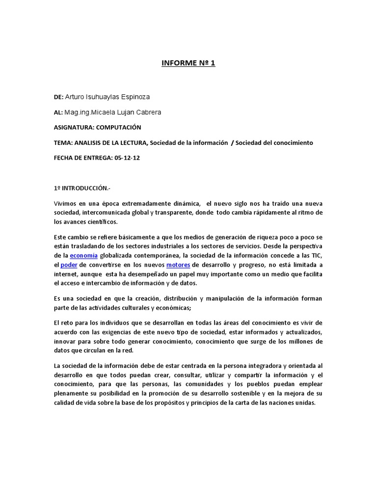Informe No 1 | PDF | Sociedad | Tecnología de información y comunicaciones