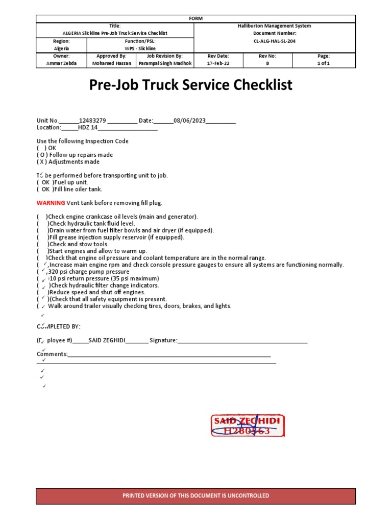 5-PPrejob-Truck Service checklist-FO-ALG-HAL-SL-204 | PDF | Business ...